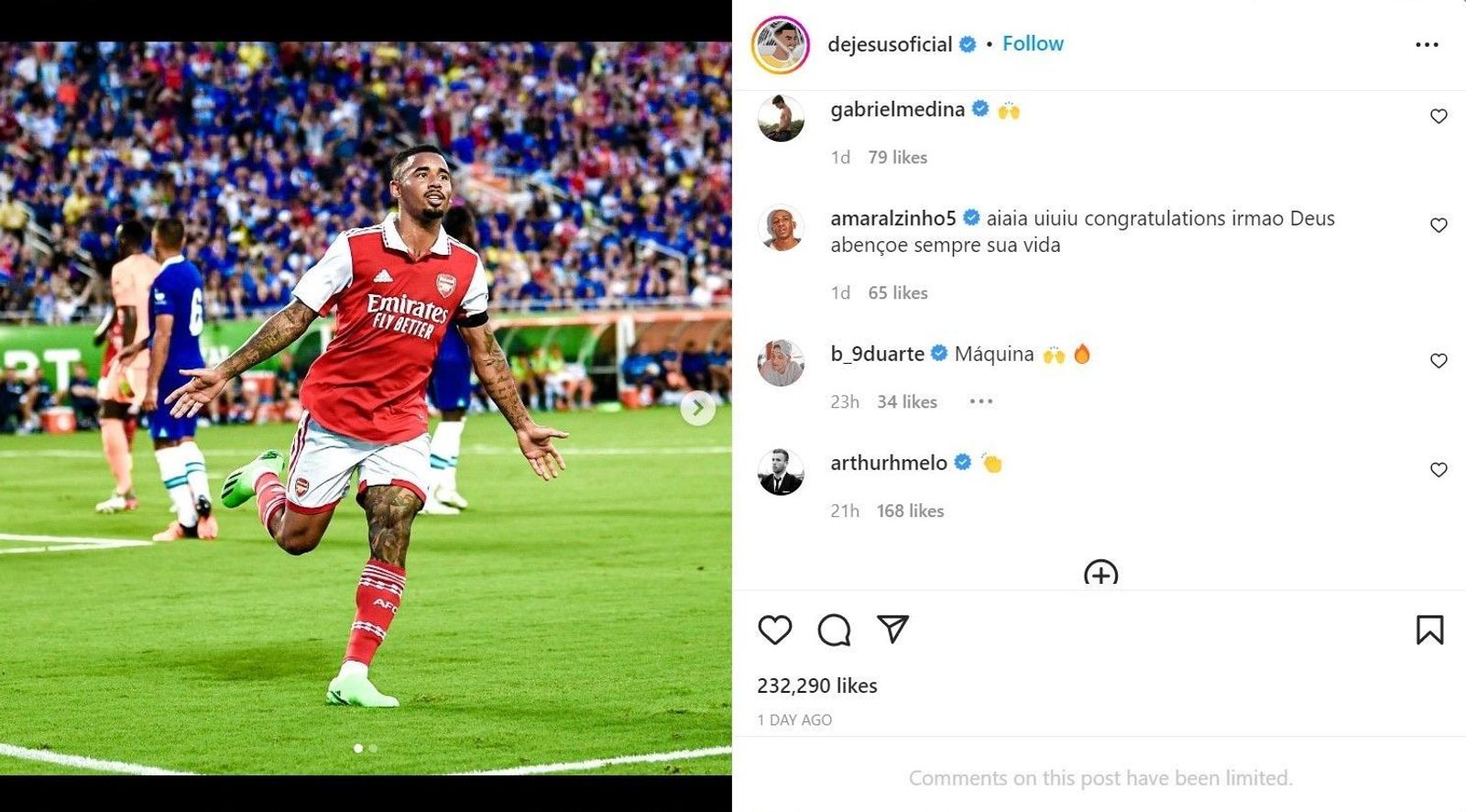 Arsenal transfer target comments on Gabriel Jesus' Instagram post about ...