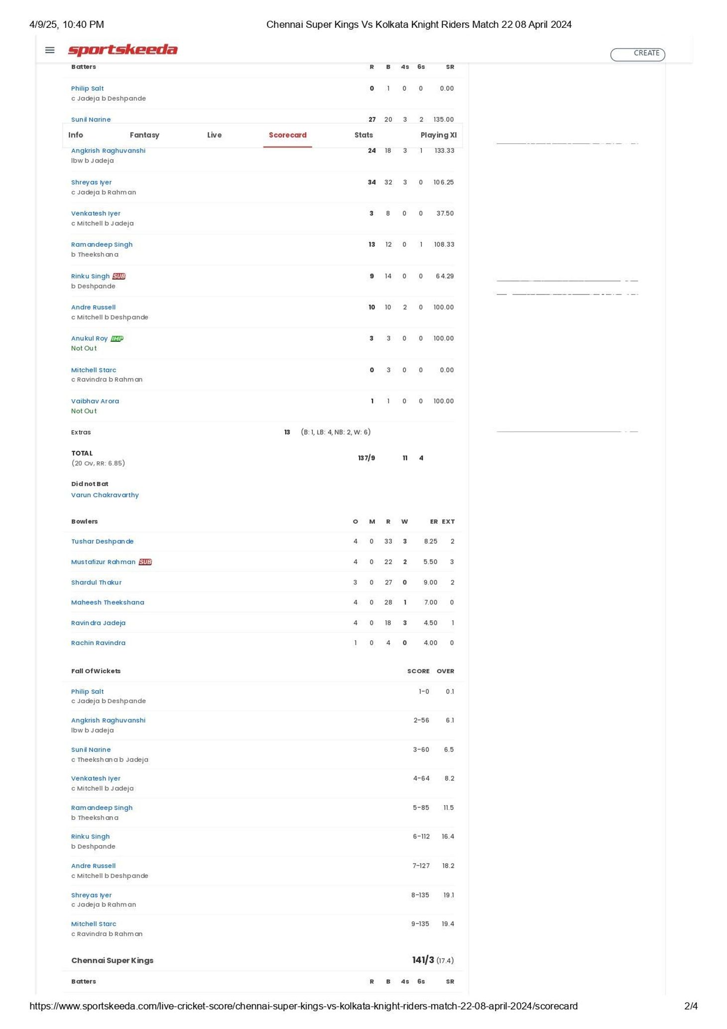 Chennai Super Kings vs Kolkata Knight Riders: Scorecard, Highlights and Results of CSK and KKR's ...